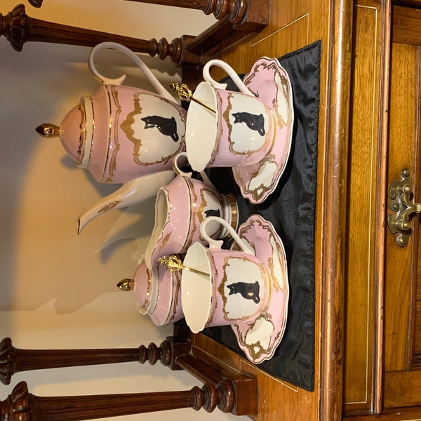 Green, Blue, or Pink Porcelain Cat Tea Set, 7 or 11 Pieces, Food Safe ...