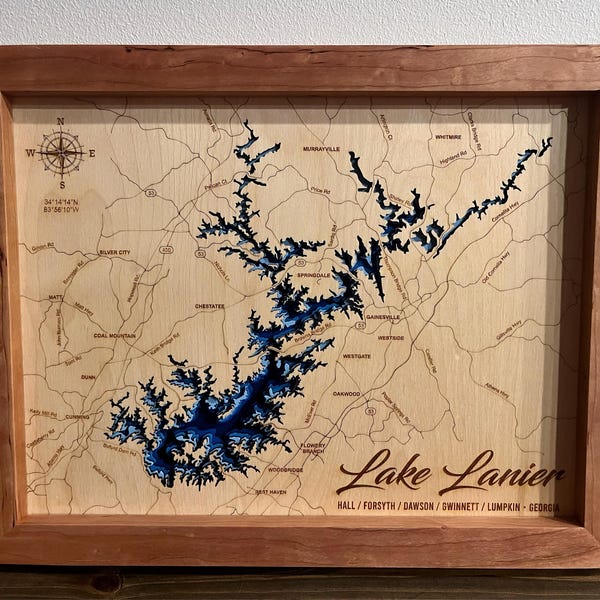 Lake Lanier 3D Framed Picture Map, Lake Sidney Lanier, Wooden Engraved ...