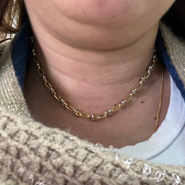 14K Gold Two Tone Chain Necklace, Oval Chain Choker, Rectangle Long ...
