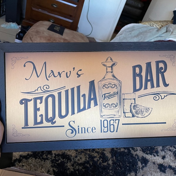 Personalized Tequila Bar Sign: Brushed Metal, Walnut Frame - Etsy