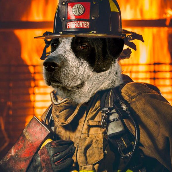 Firefighter Pet Portrait, Firefighter Gift Ideas, Fire Fighter Dog ...