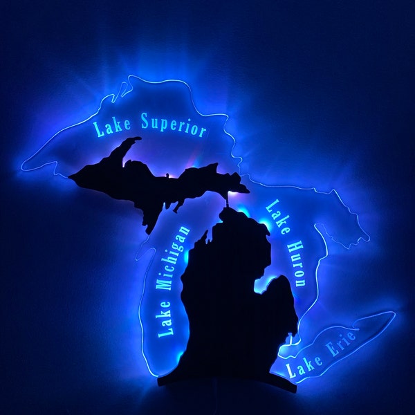 Michigan Wall Sign, Edge Lit Multi-color LED Art Décor, Wood & Acrylic ...