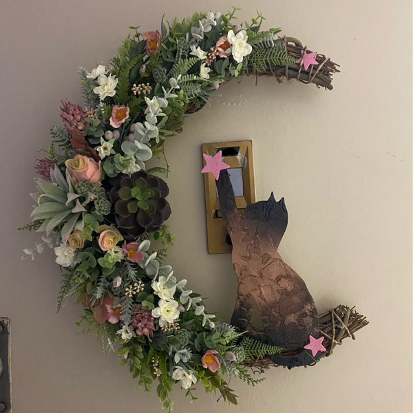Spring Succulent Cat Crescent Moon Wreath • Wildflower Boho Door Hanger ...