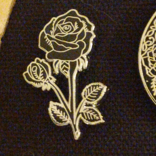 Black Rose Pin, Lapel Pin, Enamel Pin - Silver and Black or Black and ...