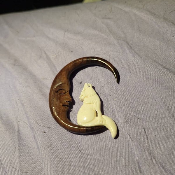Howling Wolf Inside Crescent Moon, Buffalo Bone and Sono Wood Carving ...