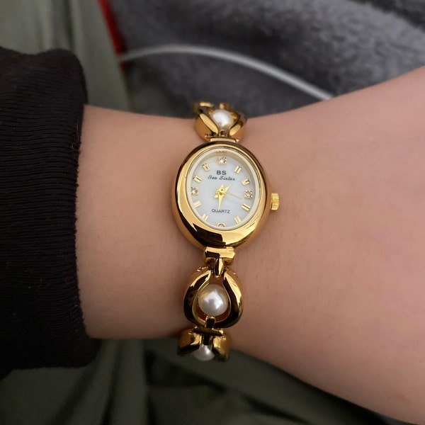 Vintage Gold Pearl Watch Womans Watch Gifts for Her Vintage Watches Ladies Watch Gold Jewelry ...