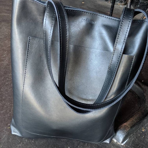 Simple Graphite Black Leather Tote Bag No. LPB-8031 - Etsy