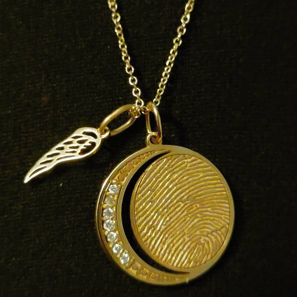 Solid Gold K18 Fingerprint Half Moon Necklace, Diamond Gemstone Moon ...