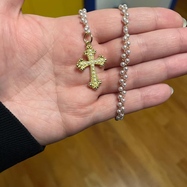 Cross Rosary Necklace/cross Necklace/tiny Pearl Necklace/layered Cross ...