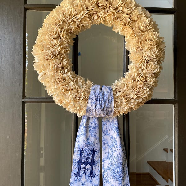 WREATH SASH, Light Blue Toile Scroll, Blue on White Chinoiserie ...