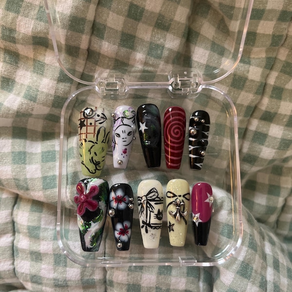 Handmade Gothic Cat Press on Nails | 3D Bows, Star Accents, Floral ...