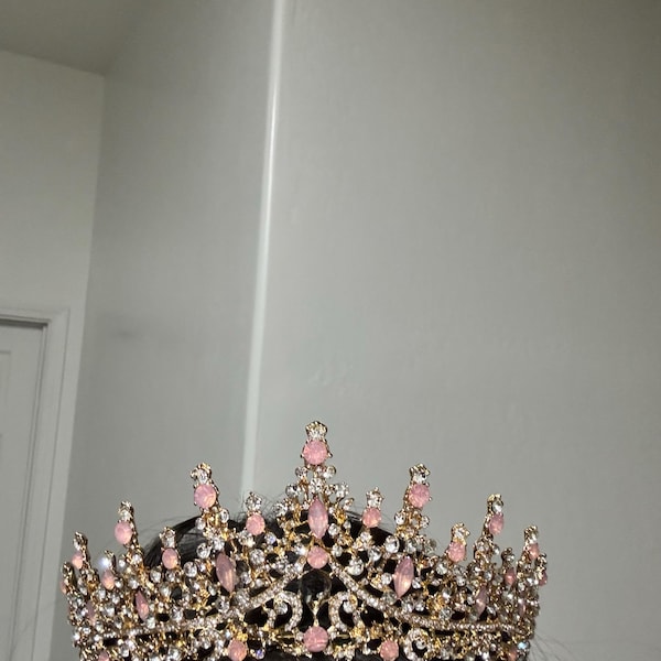 Pink Baroque Crystal Quinceanera Crown - Pink Gold Tiara, Necklace and ...