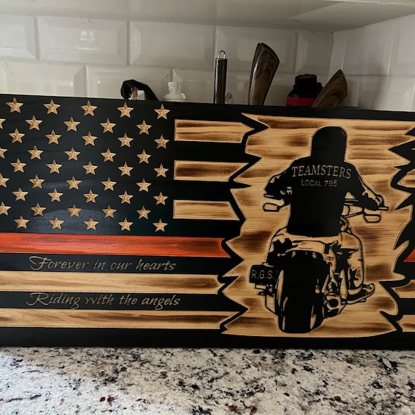 Etched Pine Motorcycle Memorial Flag: Custom Rider Plaque - Etsy