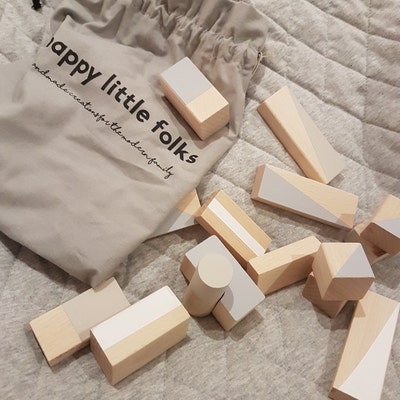 Wooden Blocks Set in Neutral Tones Packed in Cotton Bag - Etsy