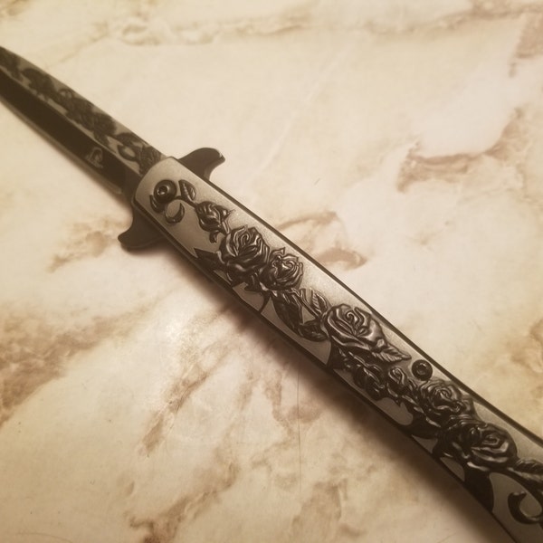 9” Black Rose Engraved Cute Spring Assisted Open Blade Folding Pocket ...