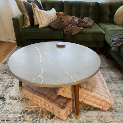 Concrete Kintsugi Coffee Table Round With Wood and Gold Legs - Etsy