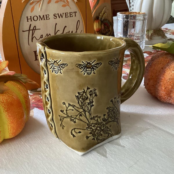 Bumble Bee Mug, Tan Bee Mug, Handmade Ceramic Mug, Boho Kitchen Mug ...