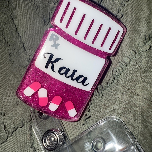 Pill Glitter Bottle Badge Reel, Pharmacist Badge Reel, Pharmacy Badge ...