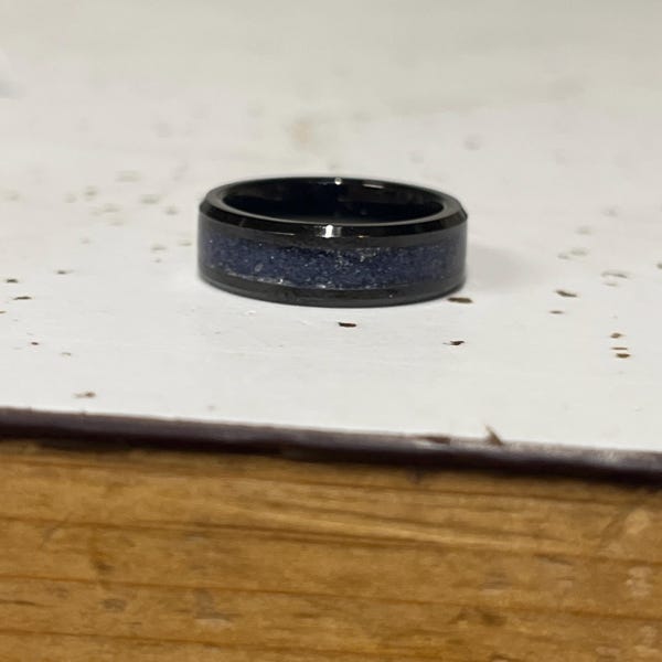 Black Nebula Blue Sandstone Ring Silver Polished Tungsten Wedding Ring ...
