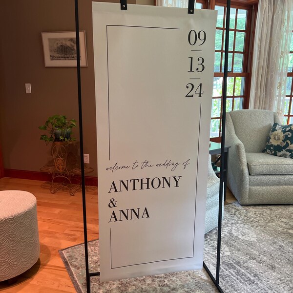 Wedding Welcome Sign With Stand, Metal Stand, Black and White Curtain ...