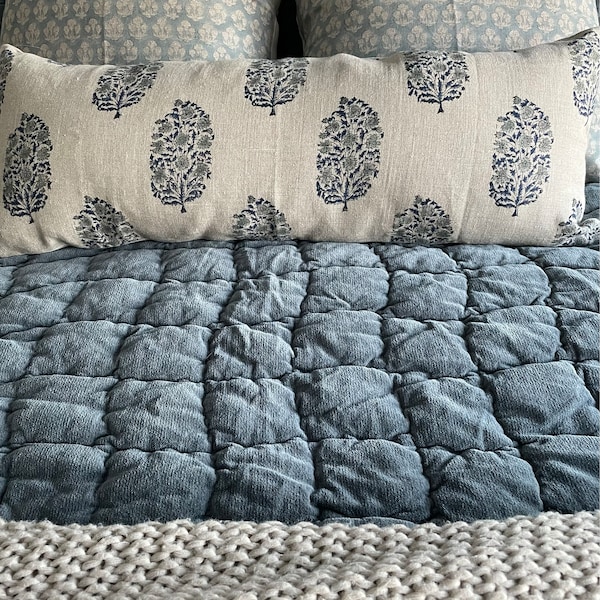 Designer Floral Indigo Blue With Blue Grey on Natural Linen Pillow ...