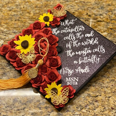 Graduation Cap Topper With 3D Roses, Sunflowers and Butterflies ...