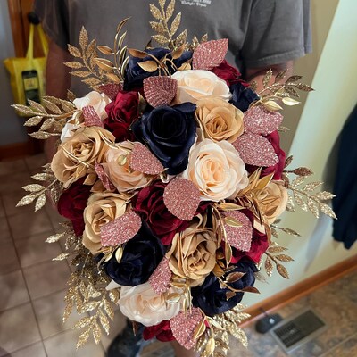 Glam Cascading Burgundy Rose Gold Blush Gold Wedding Bouquet, Teardrop ...