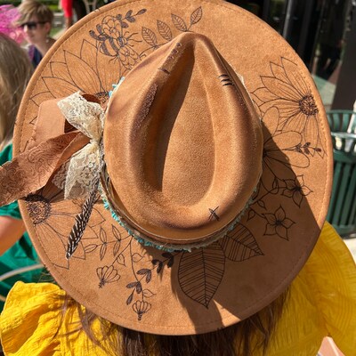 CUSTOM HAND BURNED Wide Brim Hat Bride Branded Hat Flowers and Leaves Burned Hat Western Hat - Etsy