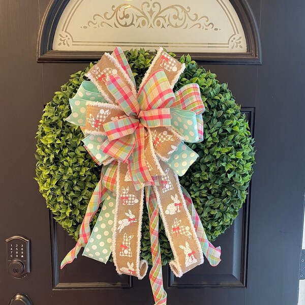 Spring Plaid Easter Bunny Bow, Lime Pink Turquoise Big Spring Plaid Bow ...