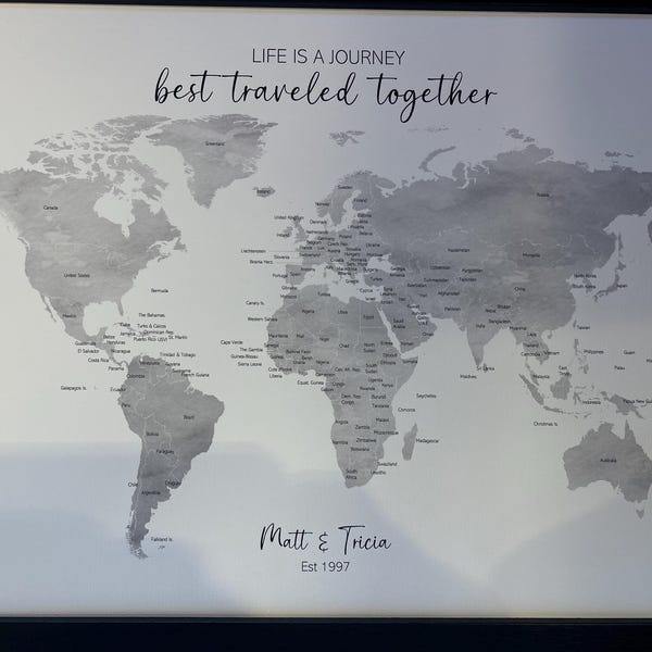 Custom Grayscale Monochrome Push Pin World Map, Small Personalised ...