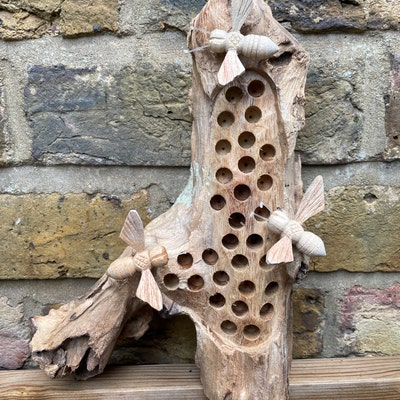 Wooden Freestanding Bee Hotel With Three Hand Carved Ornamental Bees ...