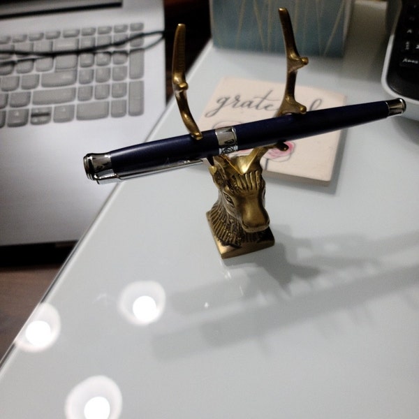 4-1/4" Antiqued Brass Stag Head Pen Holder and Paper Weight- Antique ...