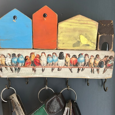 Key Holder for a Wall With Small Houses and Birds, Wall Organizer With ...