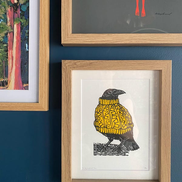 Crow Wearing a Mustard Yellow Jumper - Handmade Linocut Bird Art Print ...