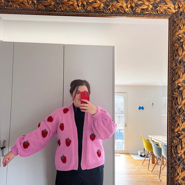 Strawberry Chunky Cardigan | Handmade Sweater for Women | Strawberry ...