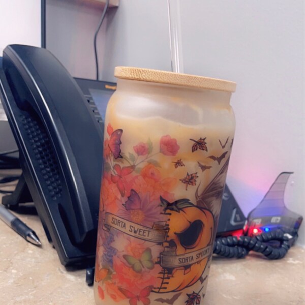 Fall Frosted Glass Can , Iced Coffee Cup, Smoothie Glass, Fall Cup for ...