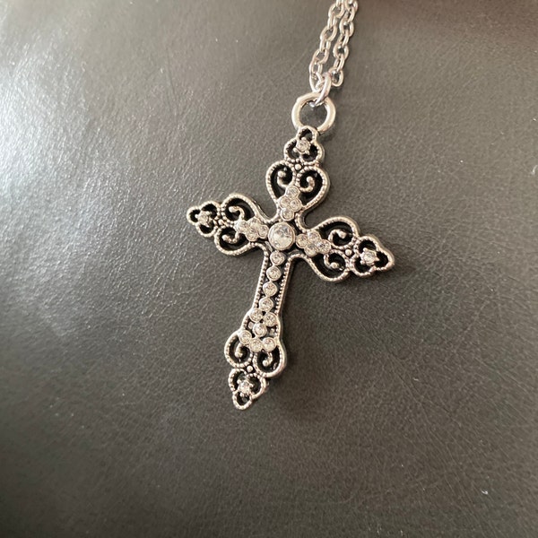 Silver, Rhinestone, Cross, Pendant, Necklace - Etsy