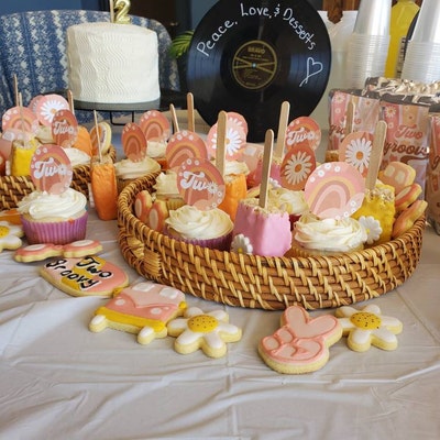 Two Groovy Birthday Cupcake Toppers Favor Tags Retro Daisy - Etsy