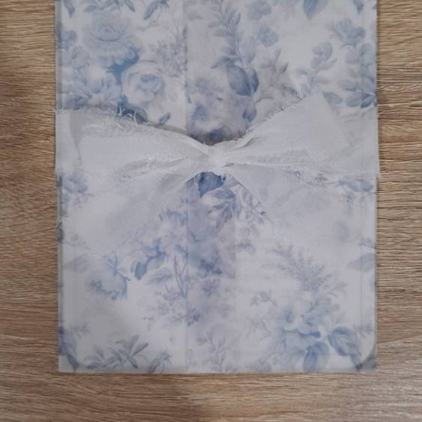 French Blue Toile Wedding Vellum Wrap, Light Blue Vellum Jacket, Floral ...