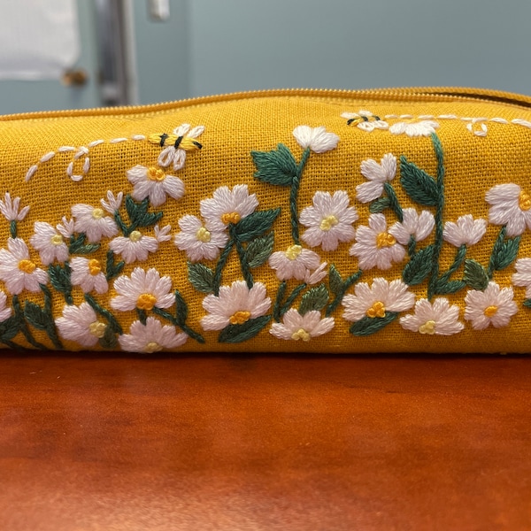Hand Embroidered Pencil Case With Flower Embroidery, Pen Case, Floral ...