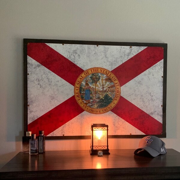 Florida State Flag, Sunshine State, Metal Sign, Optional Rustic Wood ...