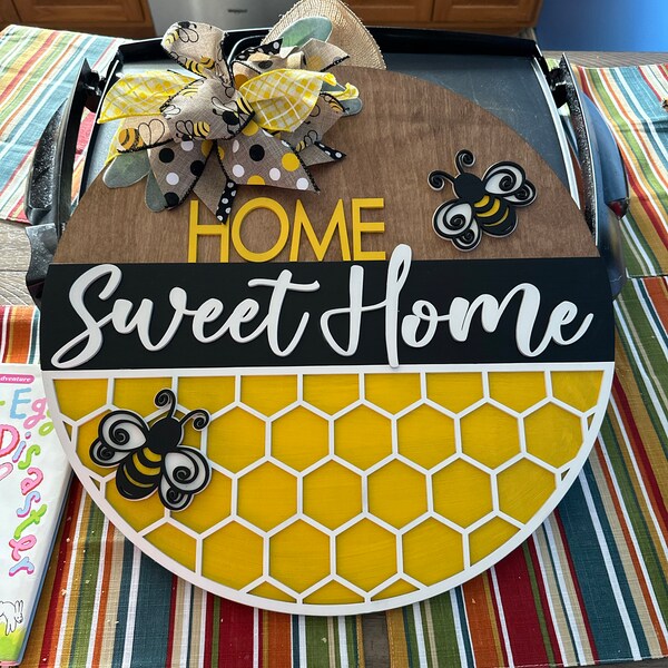 Front Door Decor, Home Sweet Home With Bees, Door Hanger, Bee Lover ...