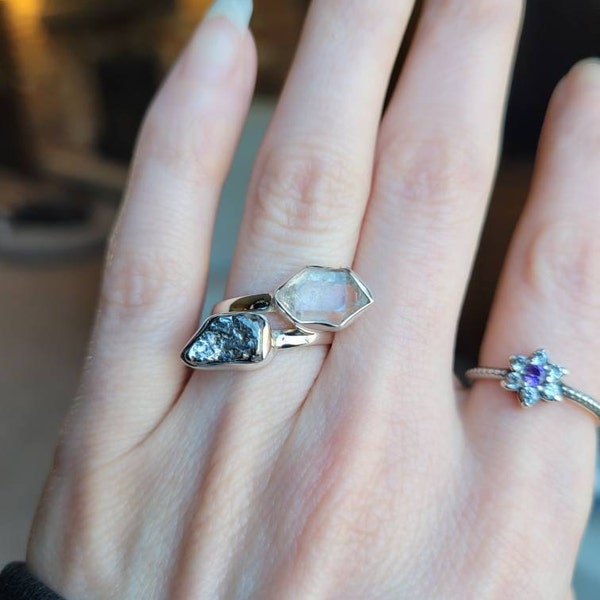 Raw Meteorite Ring, Herkimer Diamond Ring, 925 Sterling Silver ...