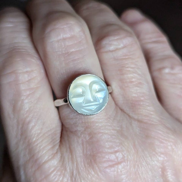 White Moonstone Moon Ring - Carved Moon Face Ring - Moon Ring - White ...