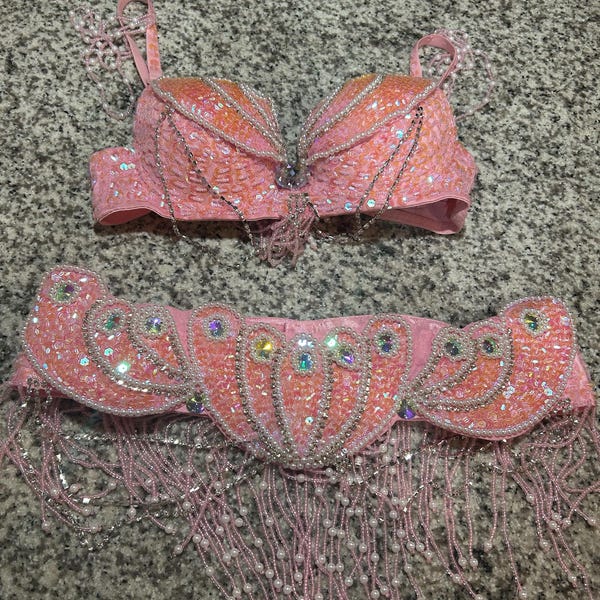 Free Shipping Hand Beaded Belly Dance Samba Costume Red Color Bra Belt