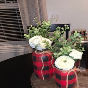 Red Buffalo Check Mason Jar Flower Vase Buffalo Plaid Mason Jar Floral ...