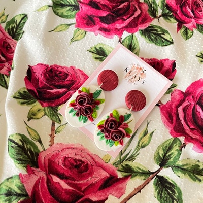 Windswept Sunflower With Pink Rose Detail Polymer Clay Earrings Floral ...