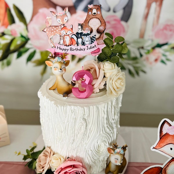 Woodland Girl Cake Topper, Forest Animals Cake Topper, Straw Cake ...