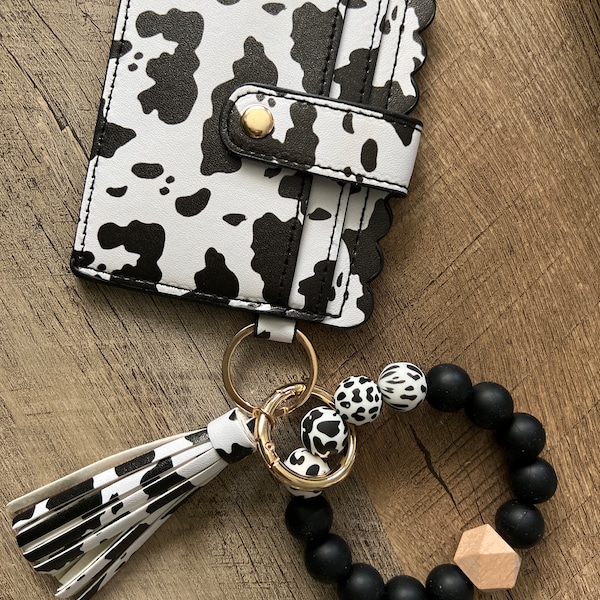 Cow Print Beaded Wristlet Keychain| Cow Print Silicone Bead Bangle ...