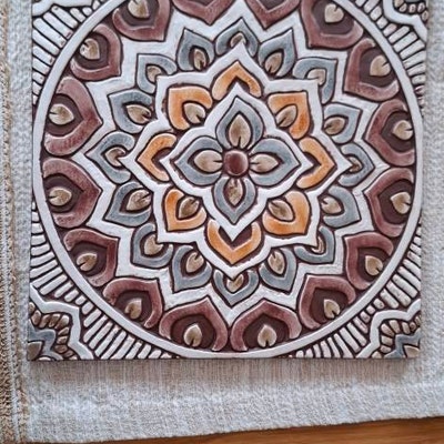 Ceramic Tile With African Design Glazed in Neutral Tones, Decorative ...